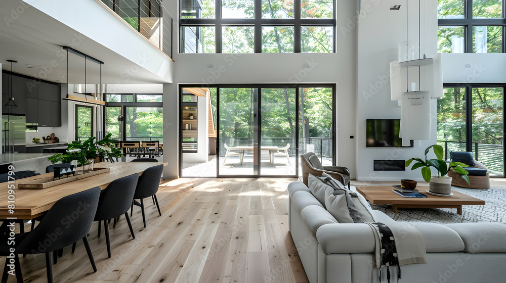 modern open concept living room with large windows and dining area ...