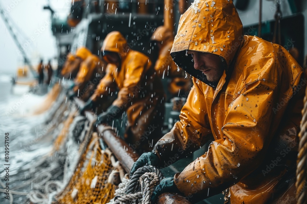 Group of fishermen clad in yellow rain gear work tirelessly pulling in ...