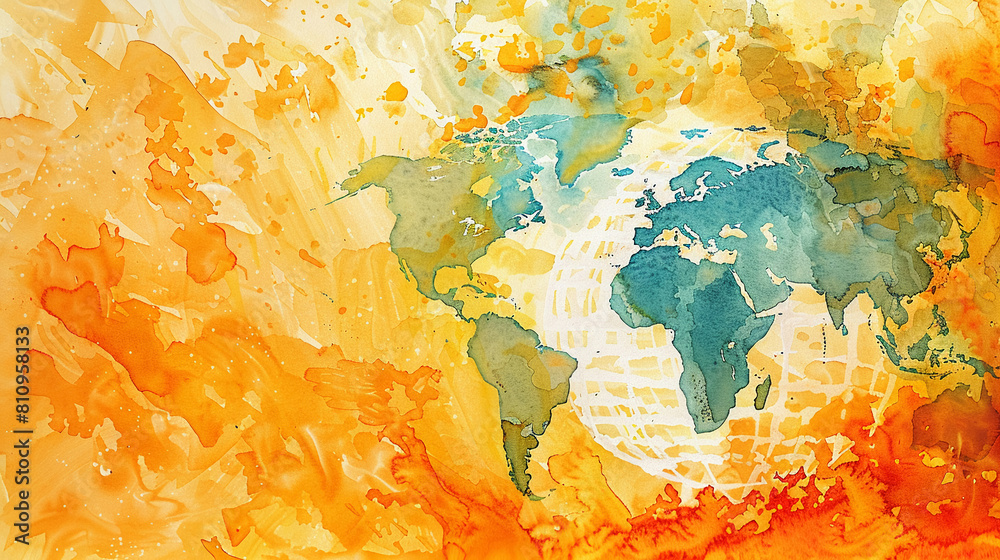 Illustrative depiction of global warming with a world map showing hot ...