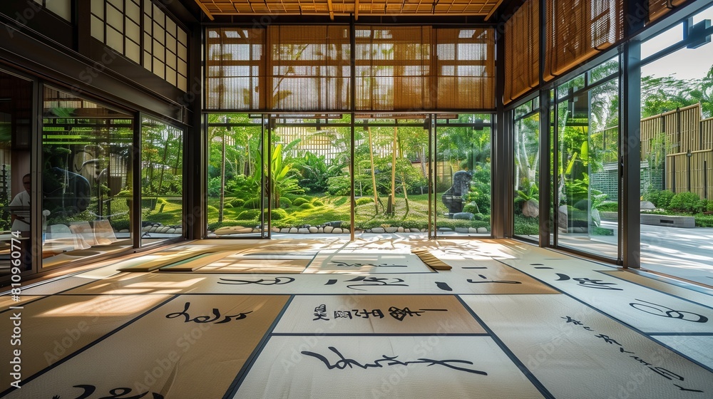 traditional mats, a visible garden, and walls with Asian calligraphy ...