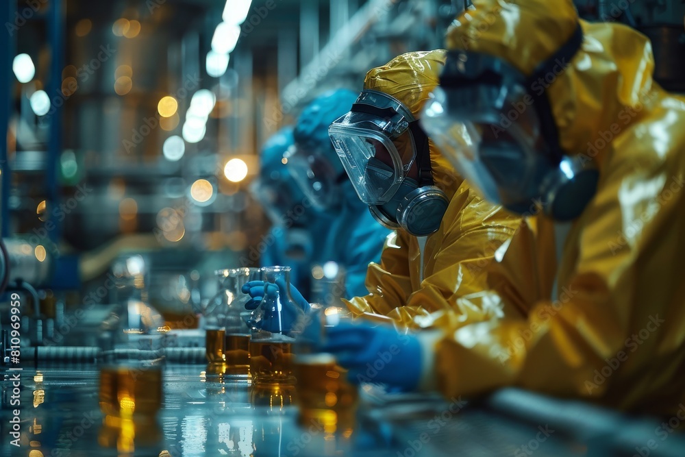 Professionals in hazmat suits working with hazardous chemicals in a ...