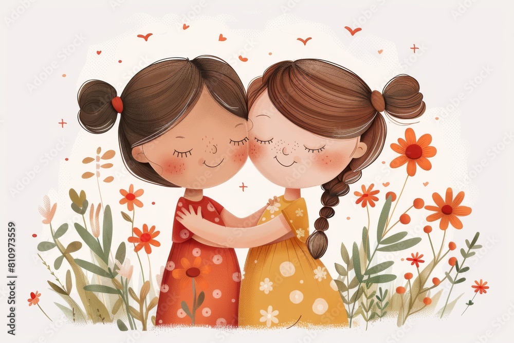 Two cute cartoon girls hugging, for wrapping paper, wallpaper, textile ...