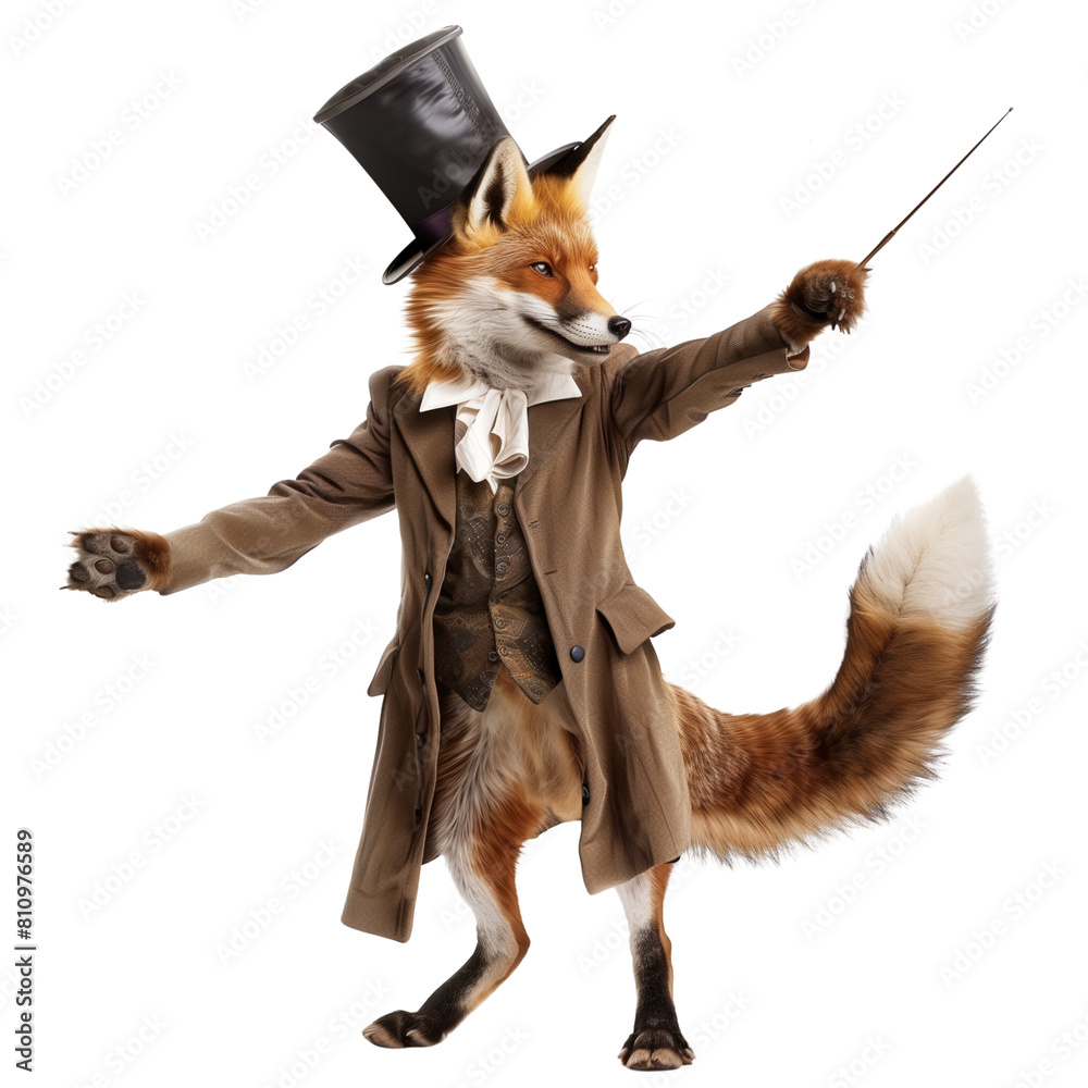 full body of Fox Magician, dressed in a top hat and tails., holds a ...
