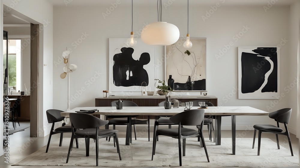 Modern minimalism dining table with sleek chairs, a statement pendant ...