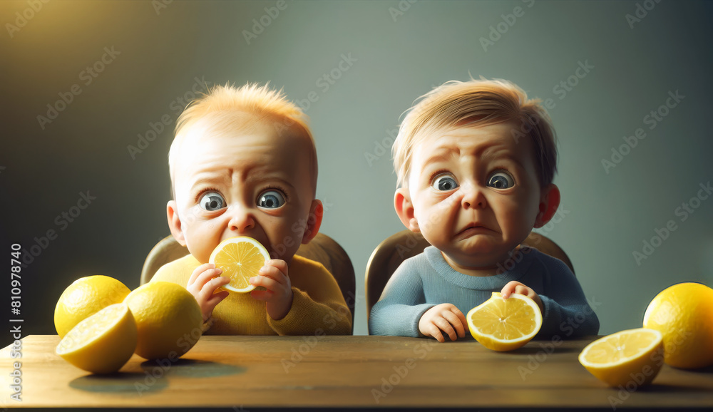 Two adorable babies with oversized, expressive eyes sit at a table, one ...