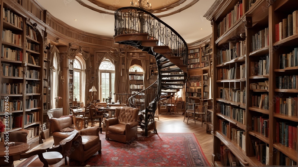 vintage home library with a spiral staircase leading to a second level ...
