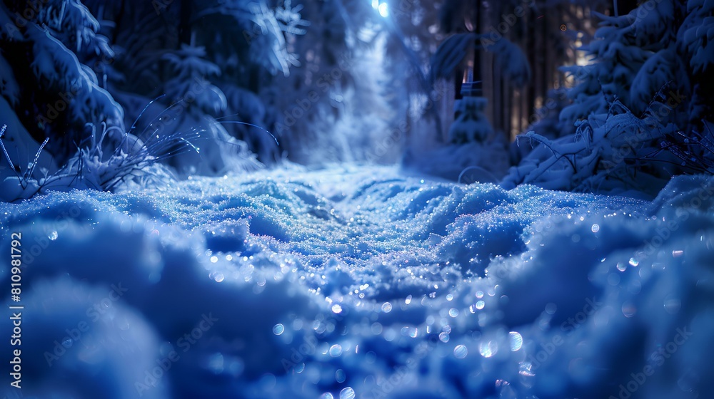 Enchanted Snowy Forest Path at Night,A magical winter scene of a snowy forest path illuminated ...