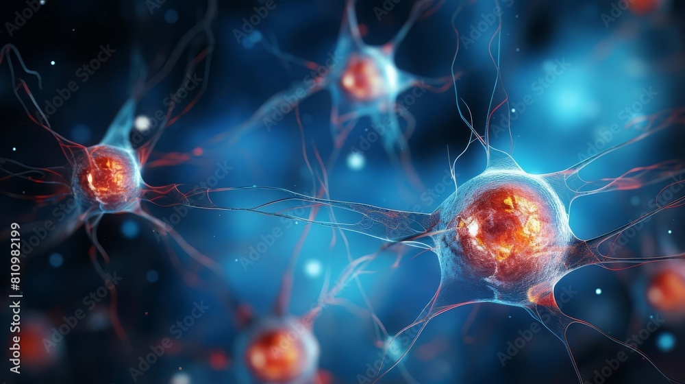 3D rendered visualization of glial cells in brain tissue, focusing on ...