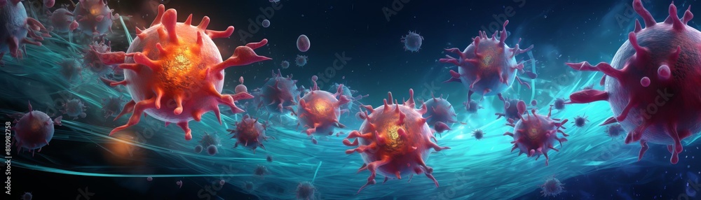 Artistic representation of lymphocytes engaging with cancer cells ...