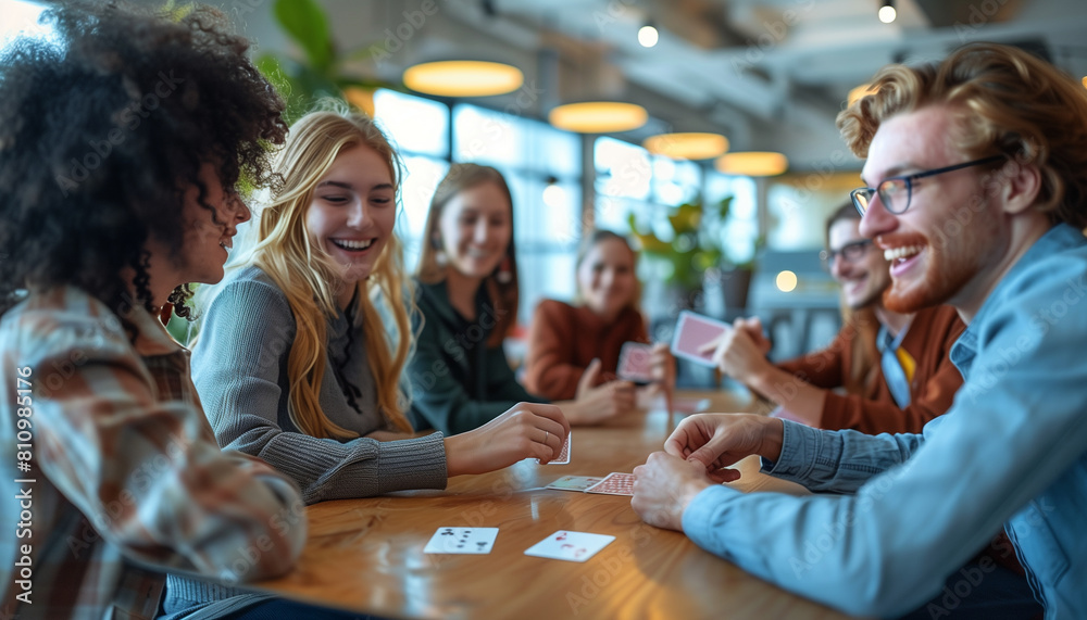 showing a laid-back lunch break with colleagues playing a quick card ...