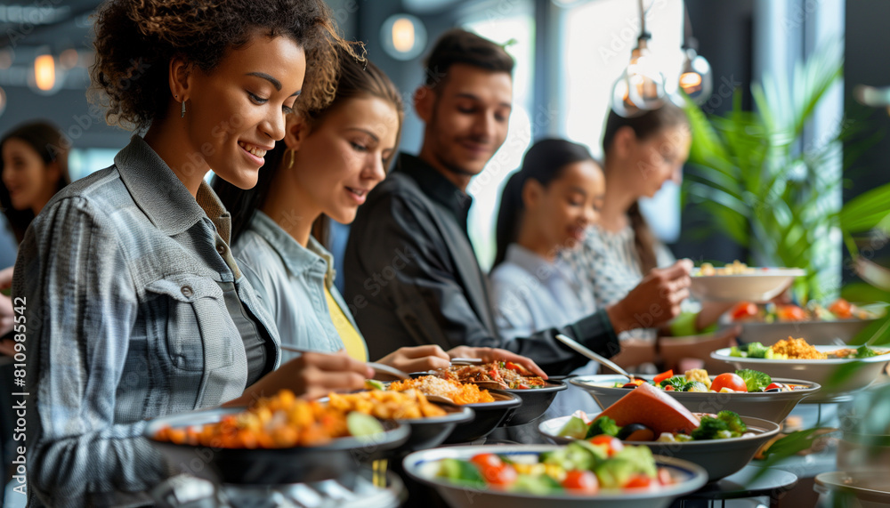 of a multicultural group of colleagues sharing dishes from different ...