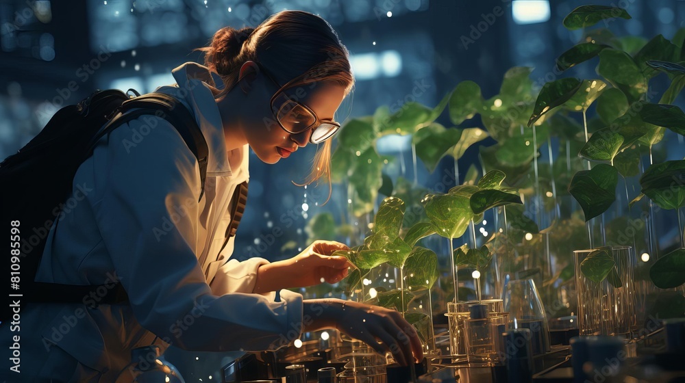 Concept image of a researcher examining epidermal cells in a botany lab ...