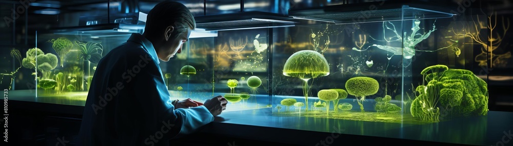 Concept image of a researcher examining xylem cells in a botany lab ...
