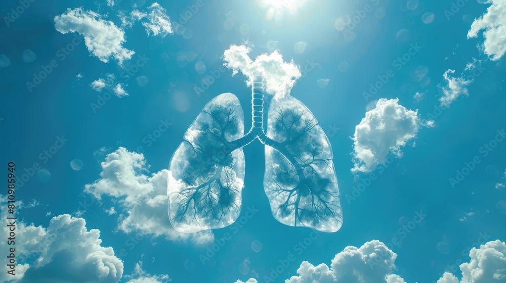 The silhouette of human lungs forms a cloud against a vivid blue sky ...