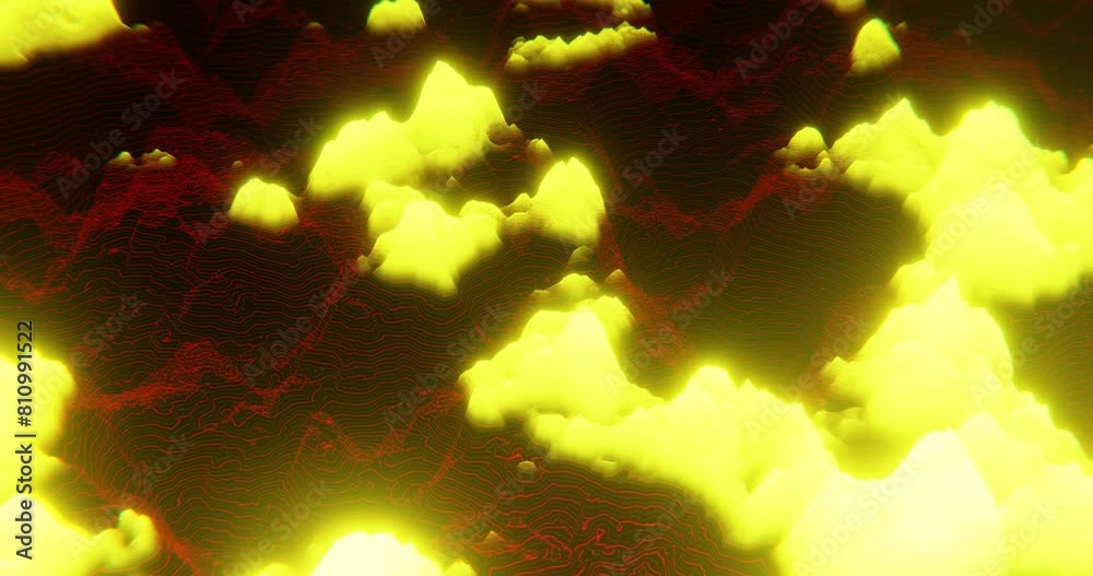 Abstract topographic landscape with red lines and golden mountains ...