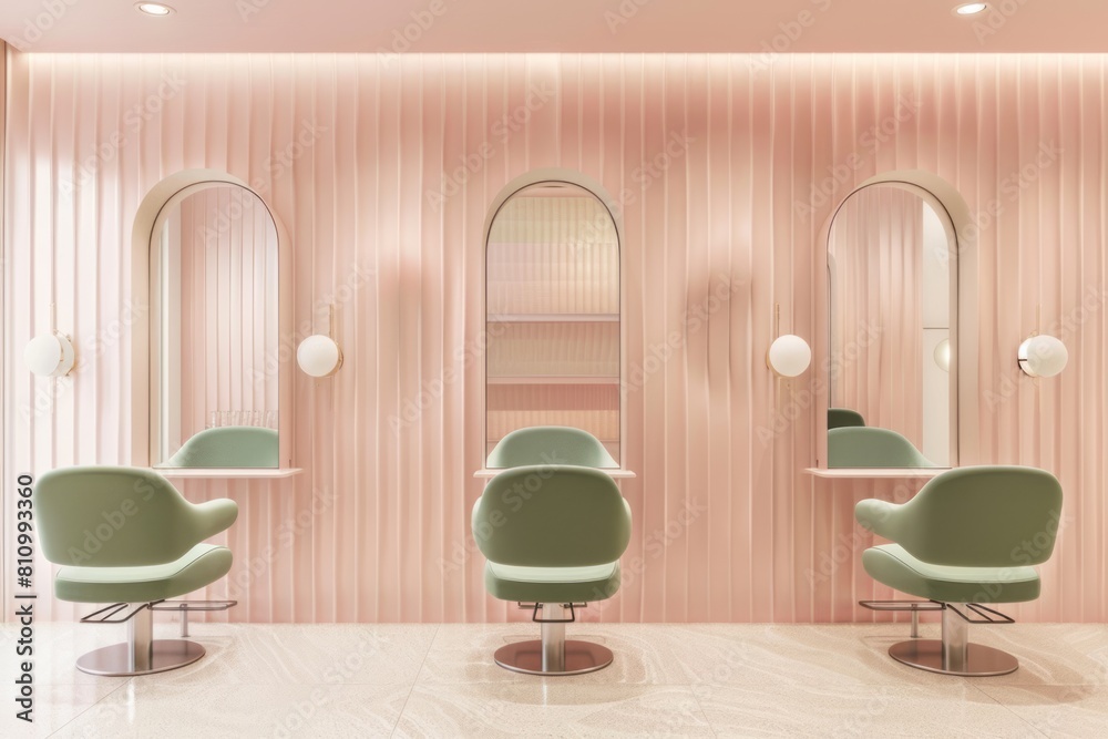 Luxury hair salon, three mirrors on the wall, oval shaped mirror frames ...