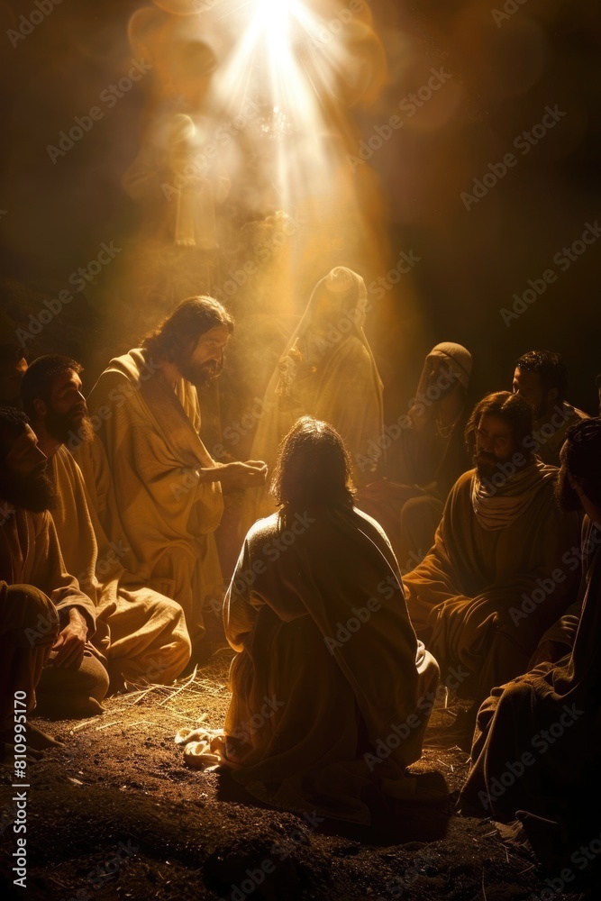 Jesus meeting His disciples after rising, with moody lighting and a ...