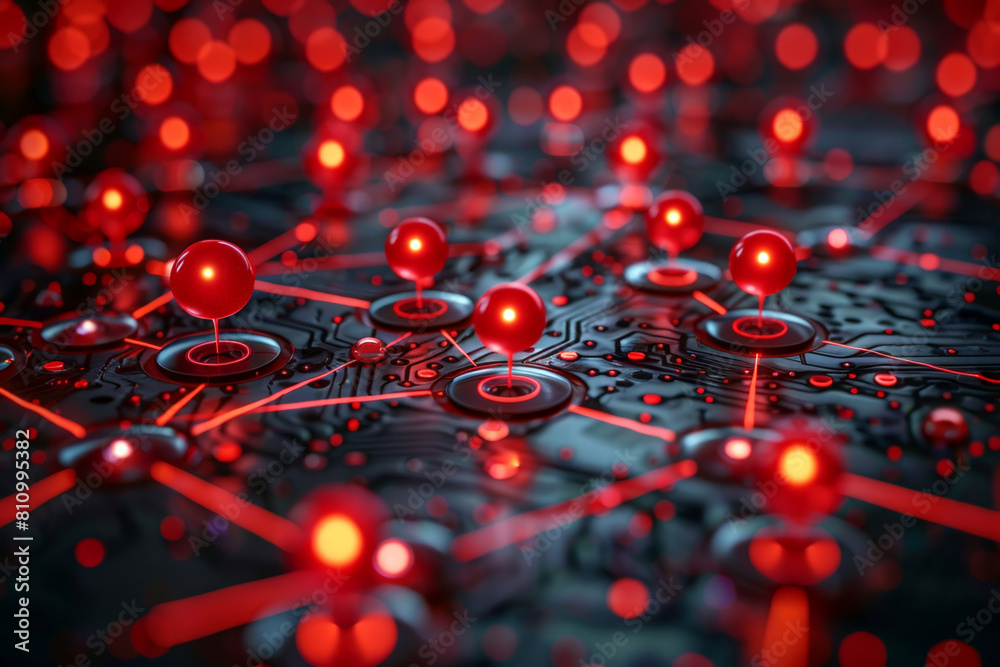 Intricate network nodes with glowing red connections on a dark ...