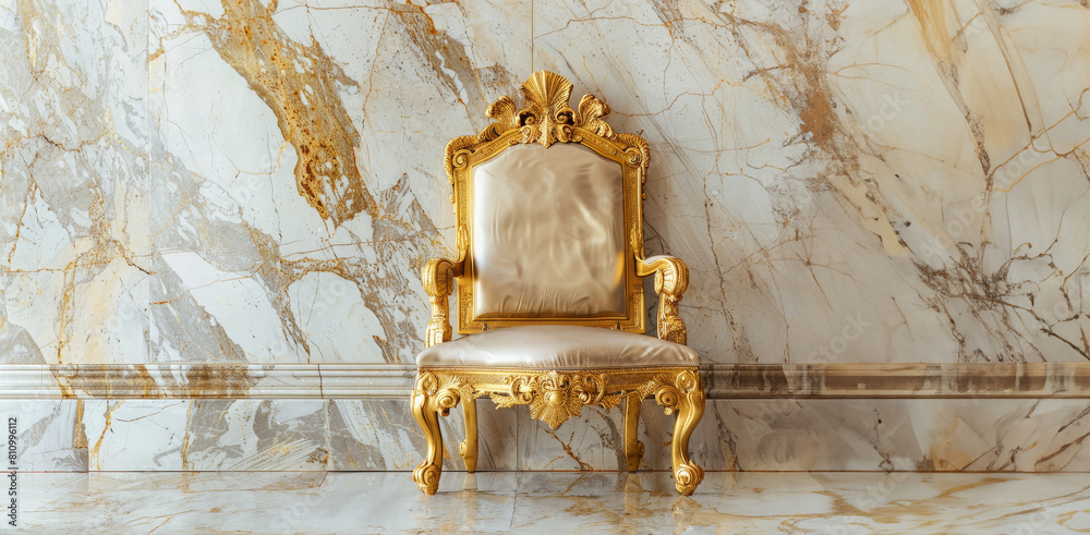 Luxury royal gold king queen throne against marble wall in audience ...