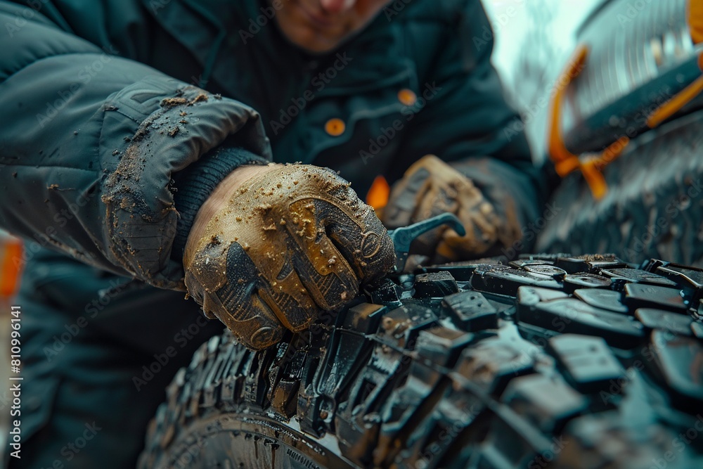 This image showcases a man's hands intently fixing a flat tire, with a ...