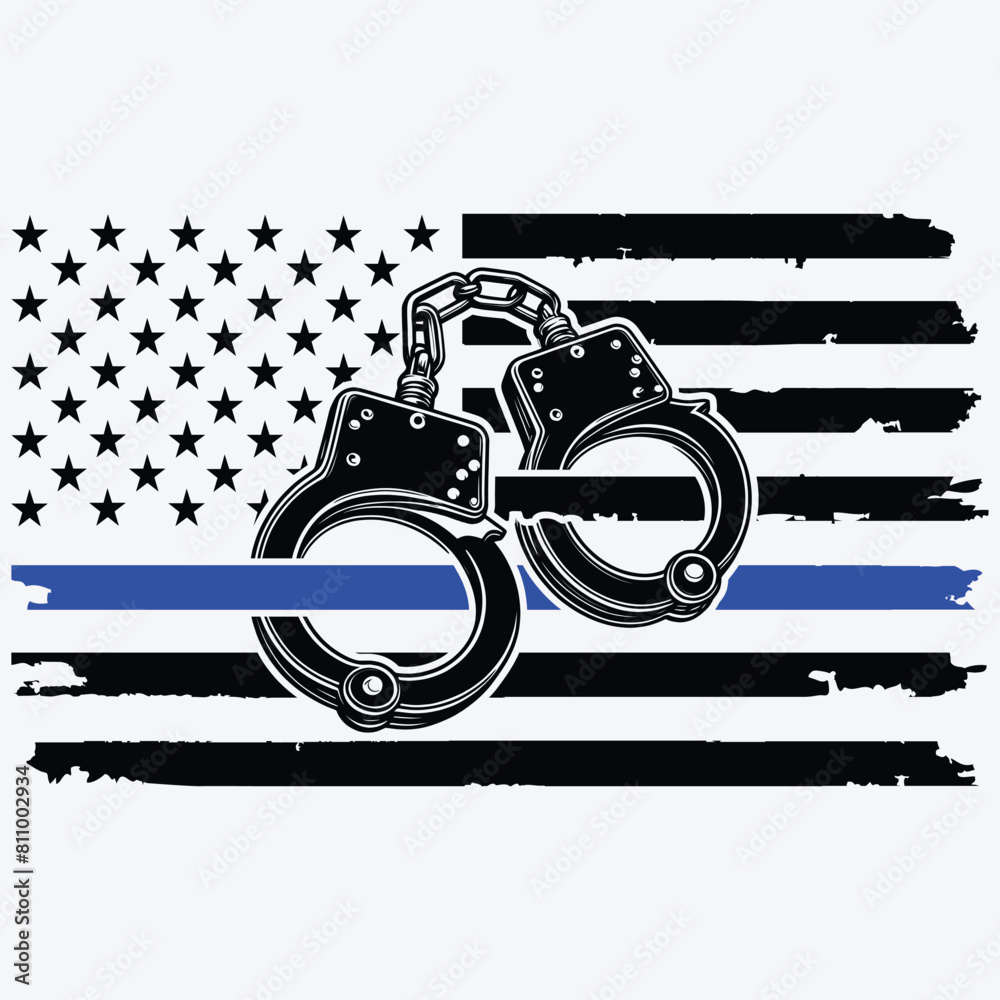Thin Blue Line Police Usa Flag T-shirt Design,Police Handcuffs,Blue ...