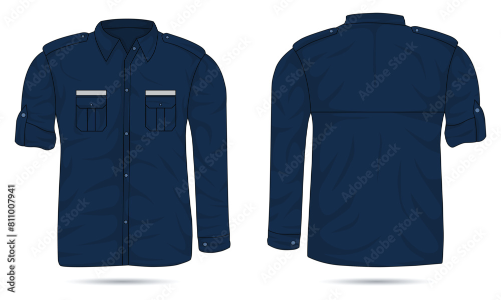 Long sleeve work shirt template front and back view. Dark blue PDH ...