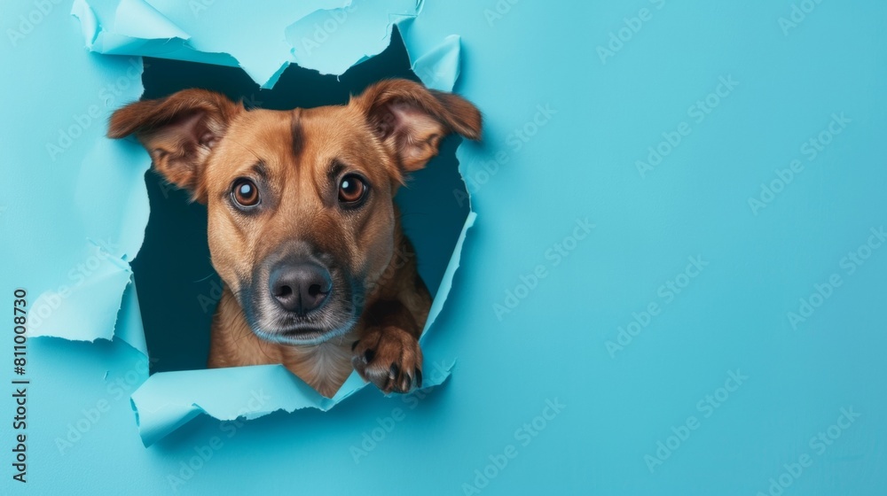 Cute dog peep through paper hole with plain background. Stock Photo ...