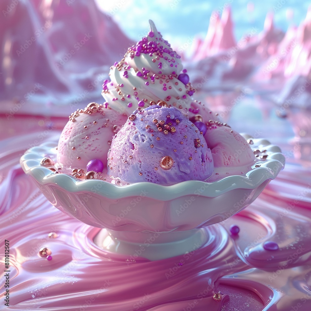 ice cream in a bowl with pink and purple sprinkles, in the style of ...