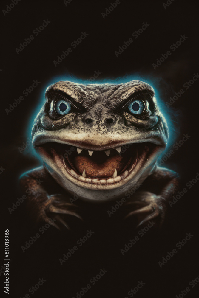 Portrait of a toad set against a black background. Looking straight at ...
