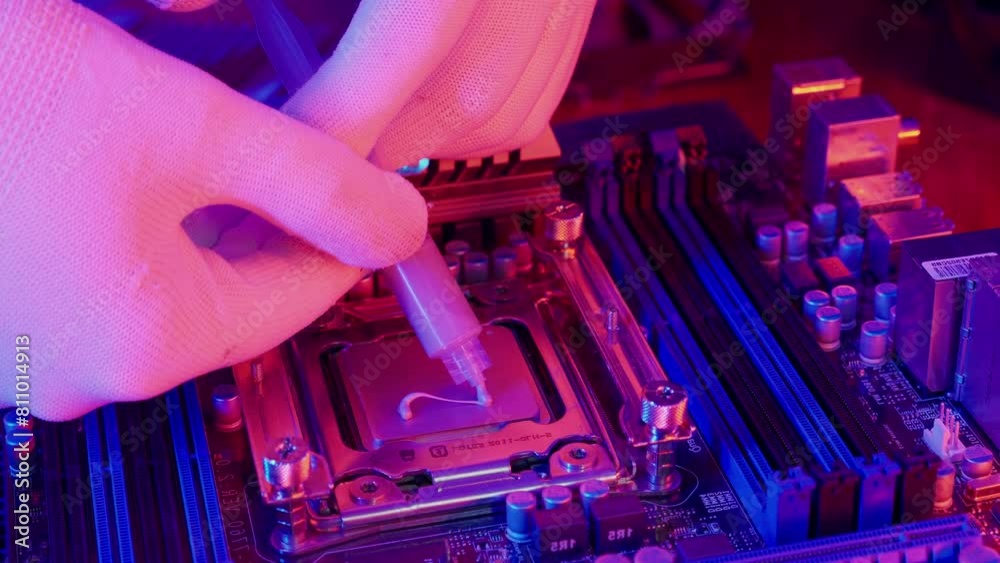 Technician put Thermal Paste on CPU into the motherboard socket ...