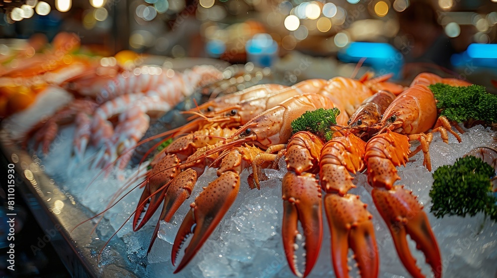 seafood market display, vibrant shrimp, crabs, and lobsters on ice at a ...