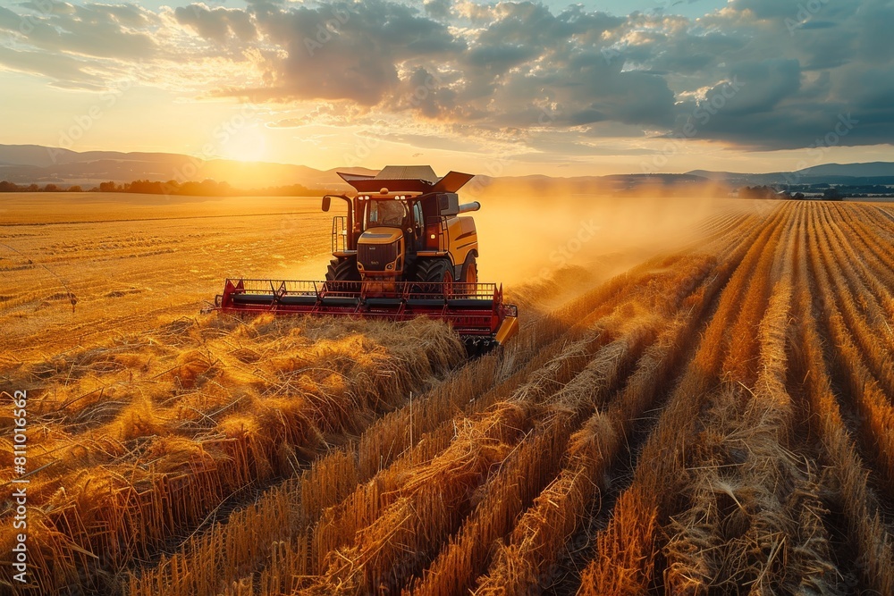 The image captures a combine harvester gathering crops in a golden ...
