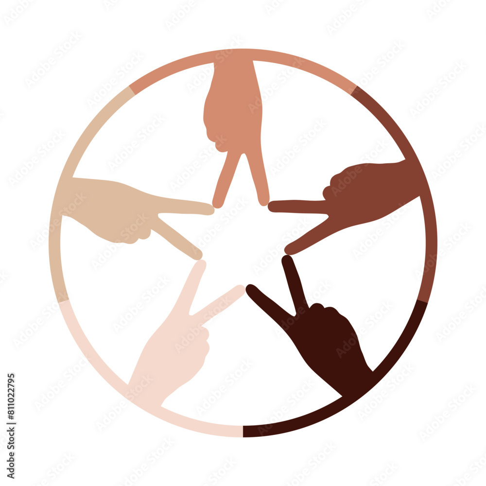 Star from the fingers of human hands with different skin color. Symbol ...