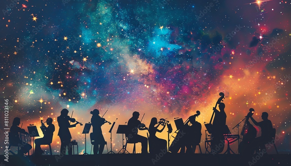 Symphony concert under the stars, with musicians outlined in silhouette ...