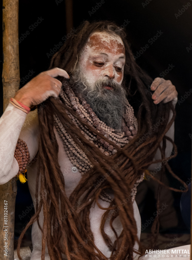Portrait of an holy male naga sadhu baba with ash on his and long hairs ...