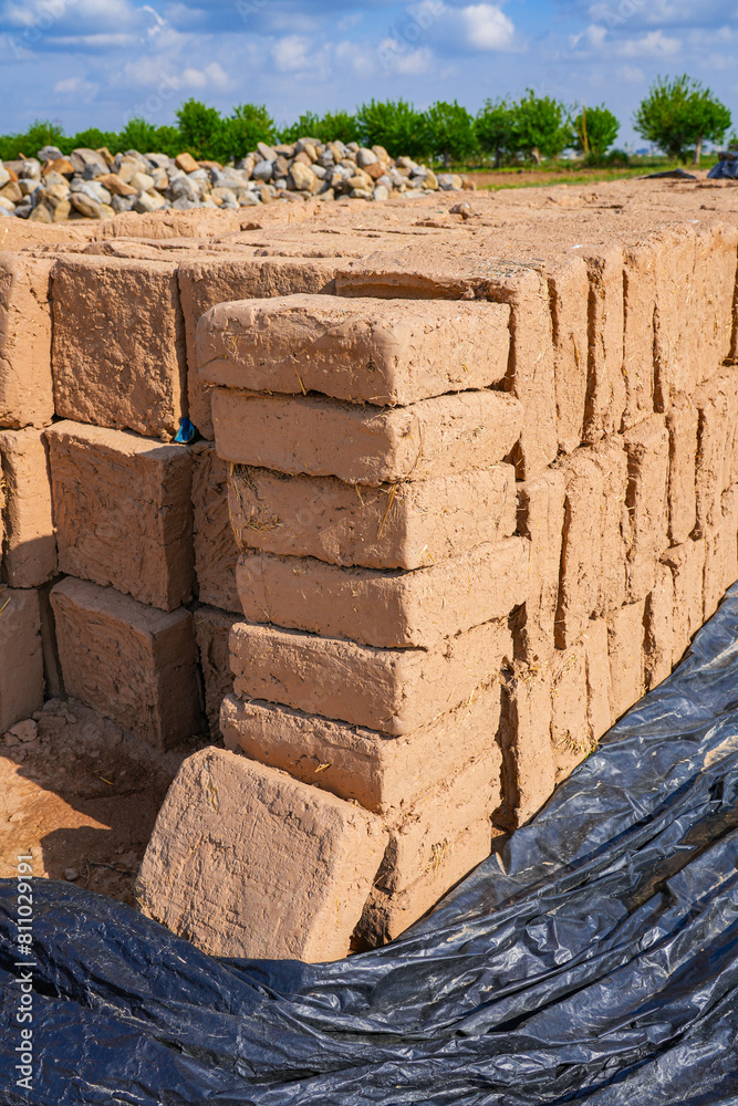 Kilned mud bricks stored outside the Zurmala Stupa and used for ...