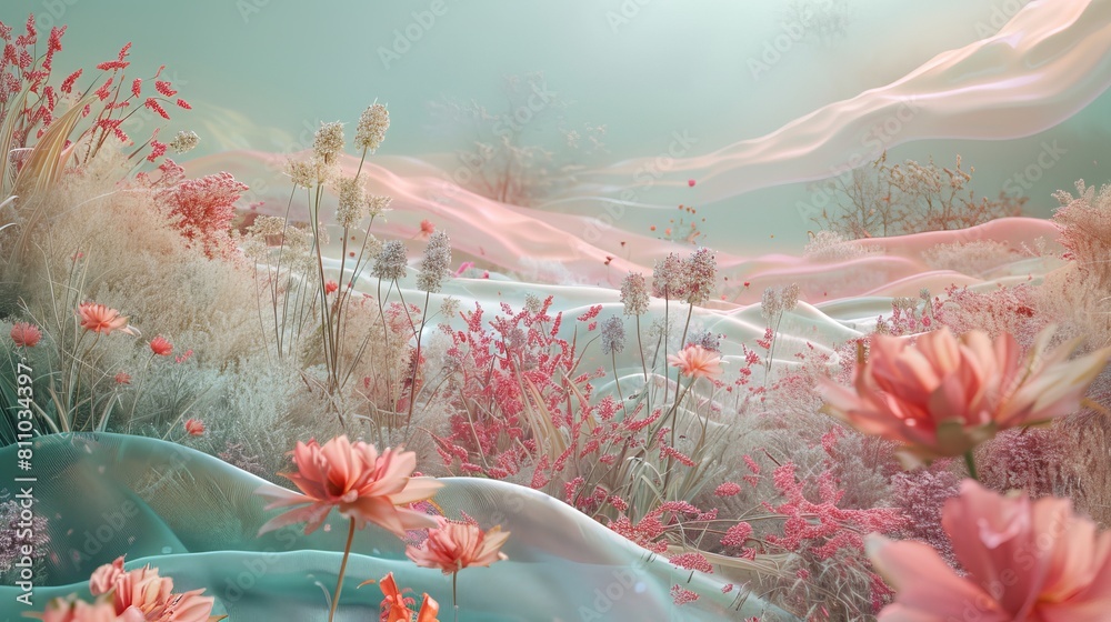 In a soft, pastel-hued dreamscape, a lush, three-dimensionally rendered ...