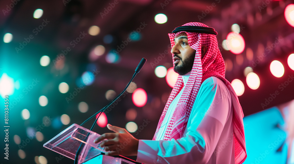 Saudi speaker at event exhibition wearing keffiyeh dish dash and ...