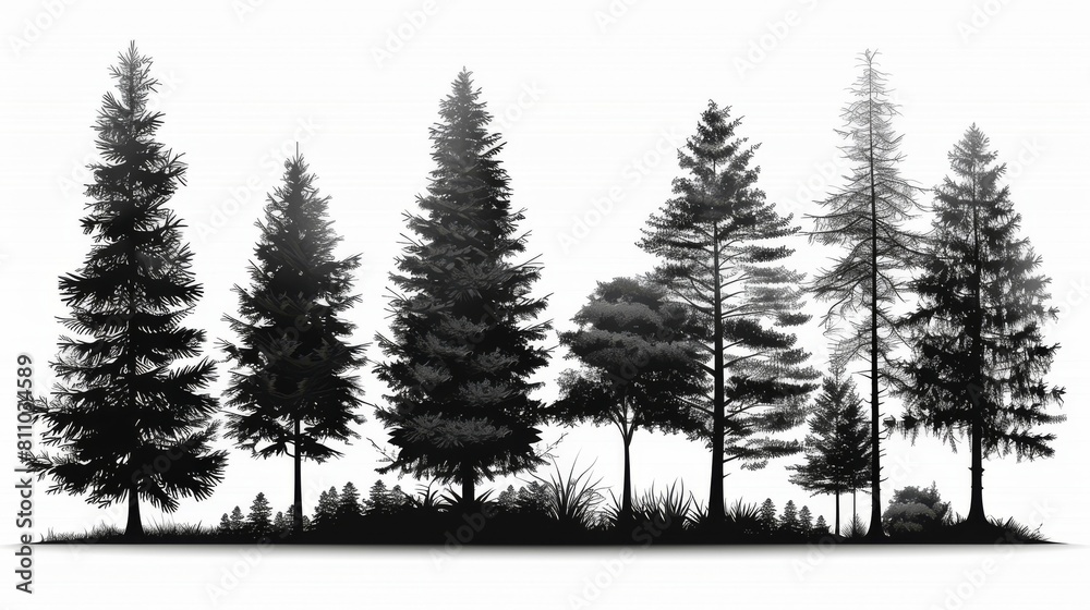 A black and white illustration of realistic trees in a nature park ...