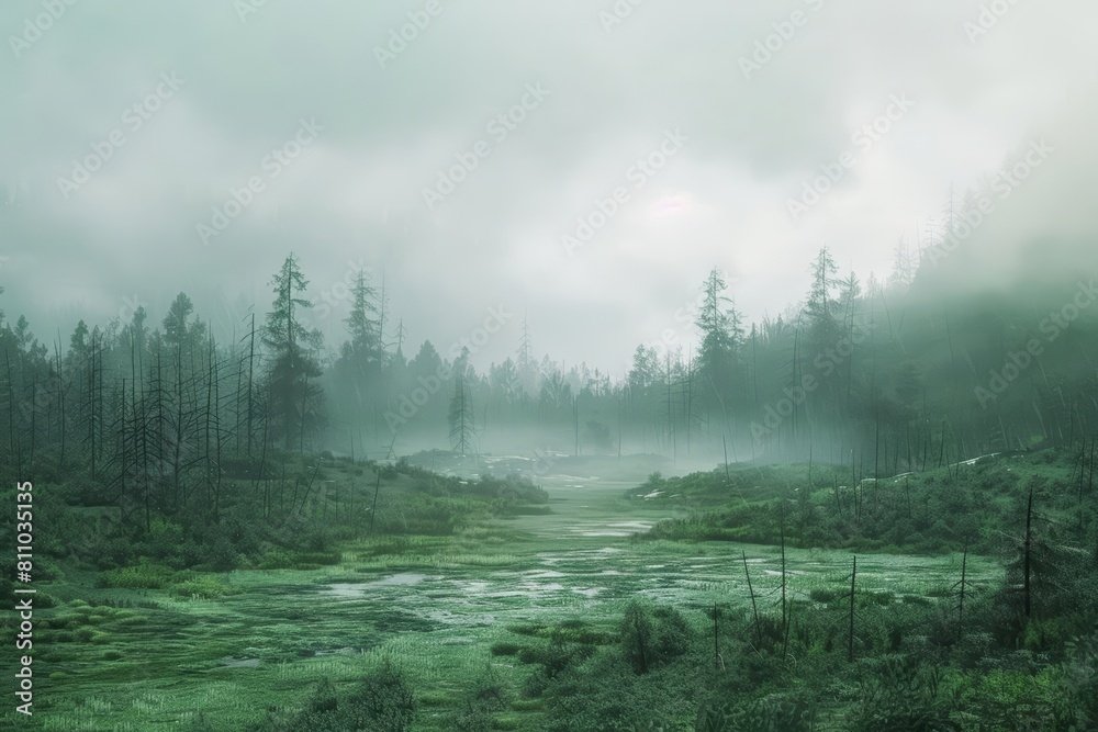 Fantasy landscape of an ancient taiga, rendered in minimal styles ...