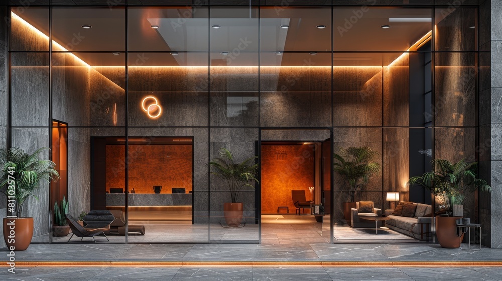 commercial lobby design, modern glass doors with branded signage and ...