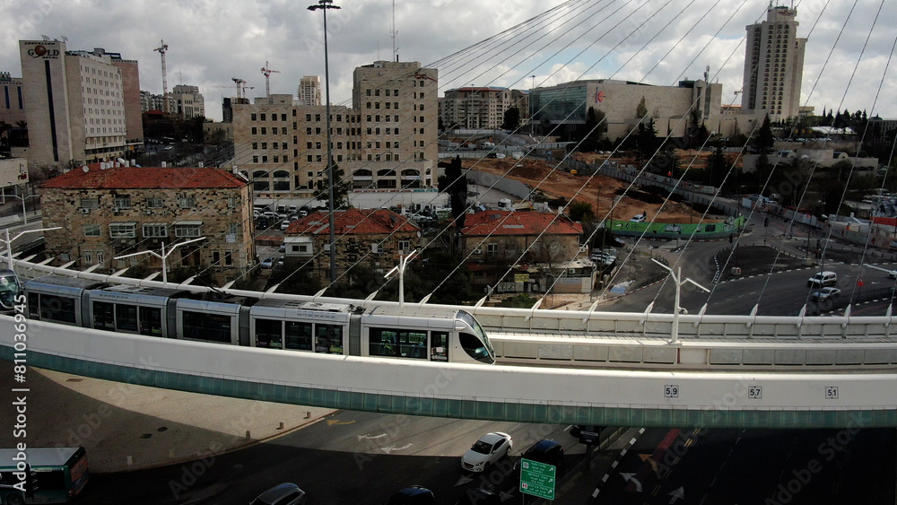 Jerusalem Chords bridge with light rail crossing, aerial view Also ...