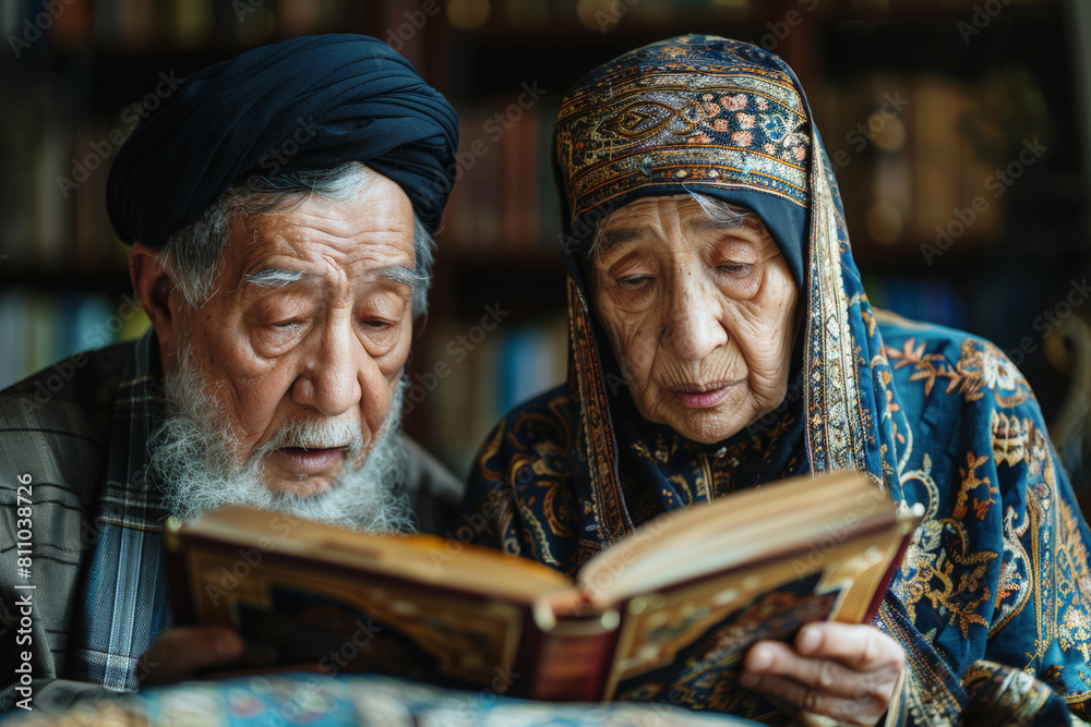 Foto de Elderly Middle Eastern couple reading a book together ...