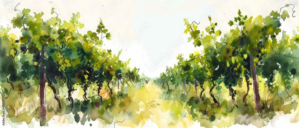 Watercolor of a sundrenched vineyard, illustrating rows of grapevines ...