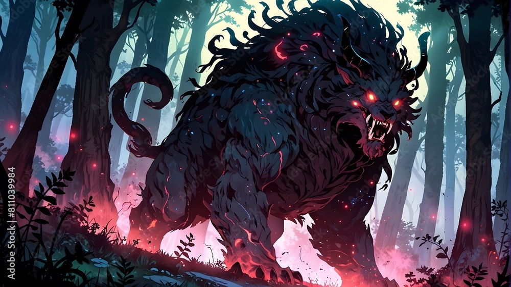 Illustration of a monstrous terrifying creature, dark magic and mythical beasts, glowing red ...