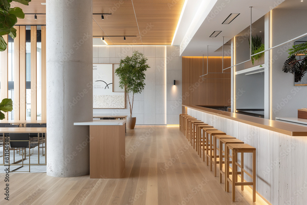 modern kitchen interior with kitchen, The office's branding is subtly ...