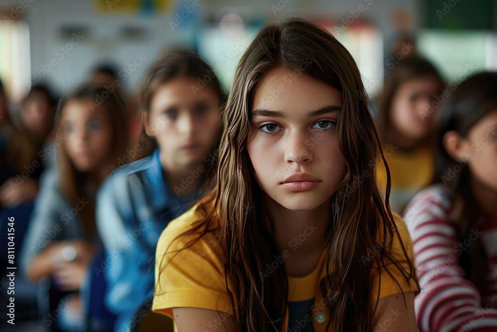 Sad, lonely and depressed teen age girl at school, frustrated after ...