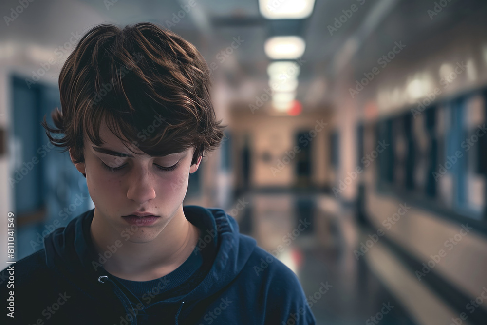 Sad, lonely and depressed teen age boy at school, frustrated after bullying. Mental health ...