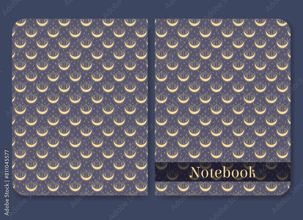 Notebook with mysterious moon and crystals. Cover page design aesthetic ...