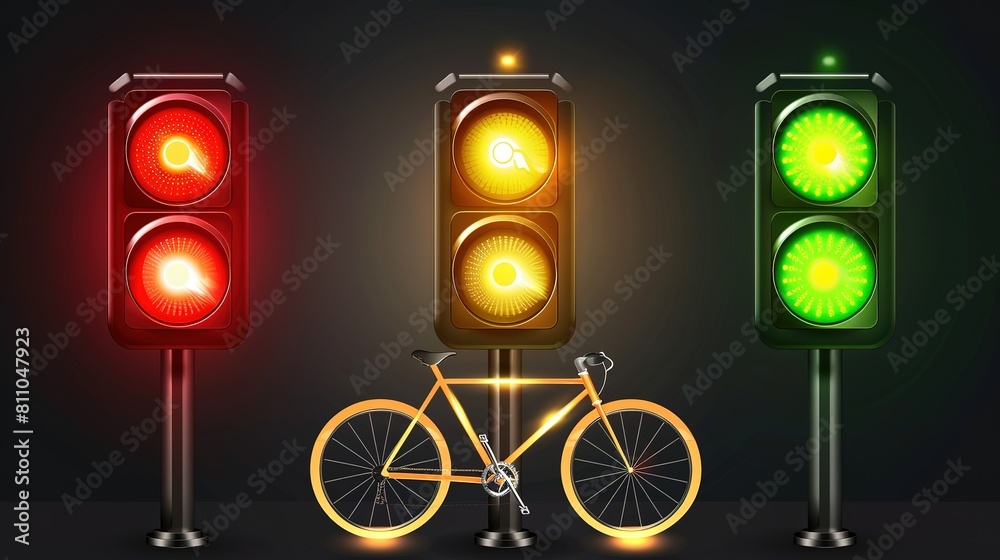 Illuminated bicycle traffic lights displaying different colors and ...